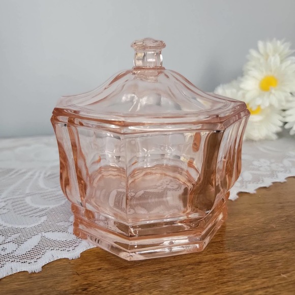 Vintage | Accents | Vintage Pink Depression Glass Octagonal Jar W Lid ...